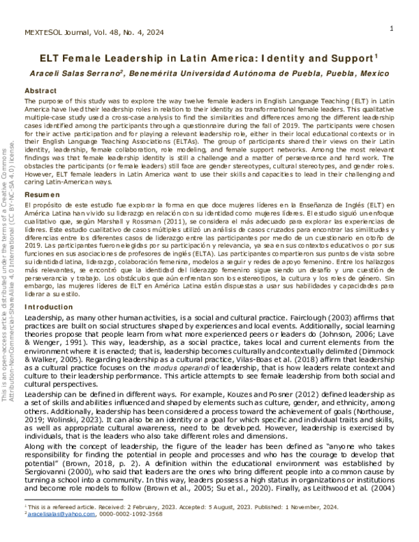 (PDF) ELT Female Leadership in Latin America: Identity and Support 1