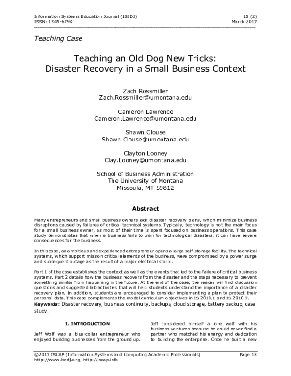 (PDF) Teaching an Old Dog New Tricks: Disaster Recovery in a Small Business Context | Shawn ...