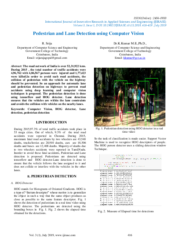 (PDF) Pedestrian and Lane Detection using Computer Vision