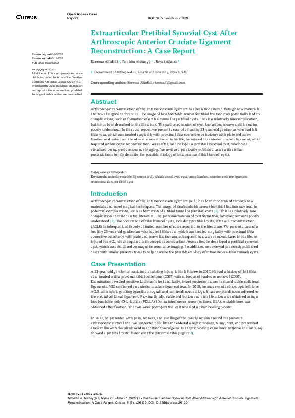 (PDF) Extraarticular Pretibial Synovial Cyst After Arthroscopic ...