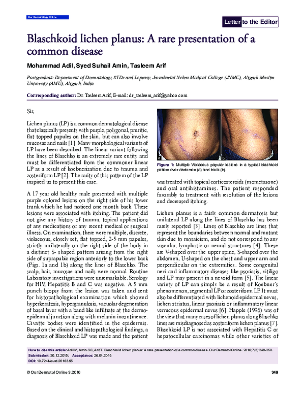 (PDF) Blaschkoid lichen planus: A rare presentation of a common disease | Dr Tasleem arif ...