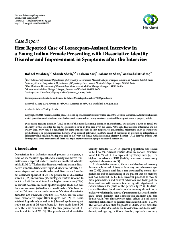 (PDF) First Reported Case of Lorazepam-Assisted Interview in a Young ...