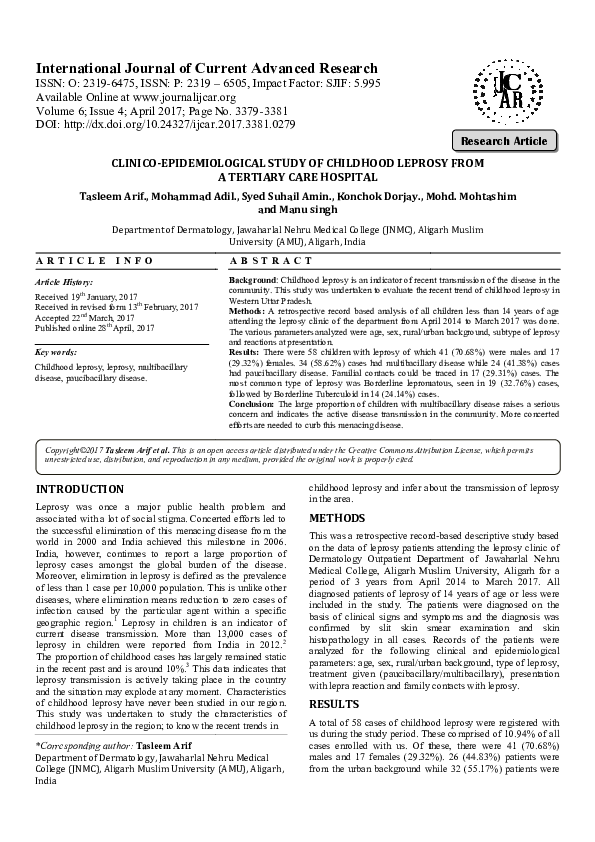 (PDF) Clinico-epidemiological study of childhood leprosy from a ...