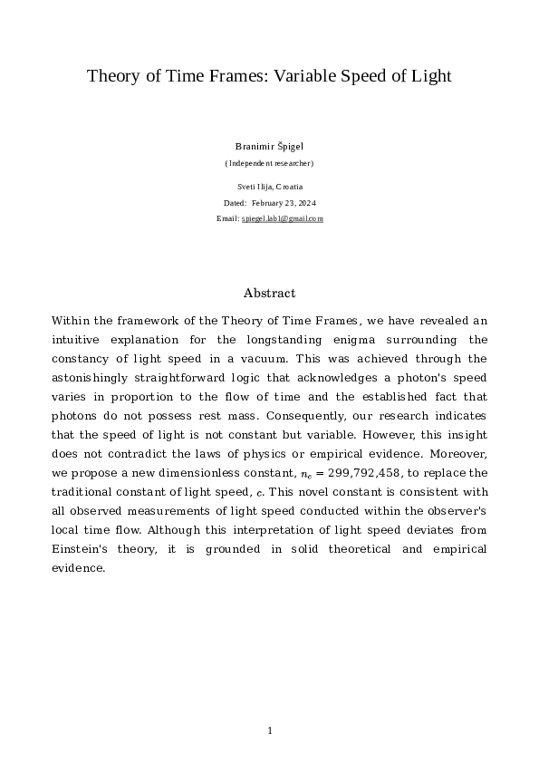 (PDF) Theory of Time Frames: Variable Speed of Light