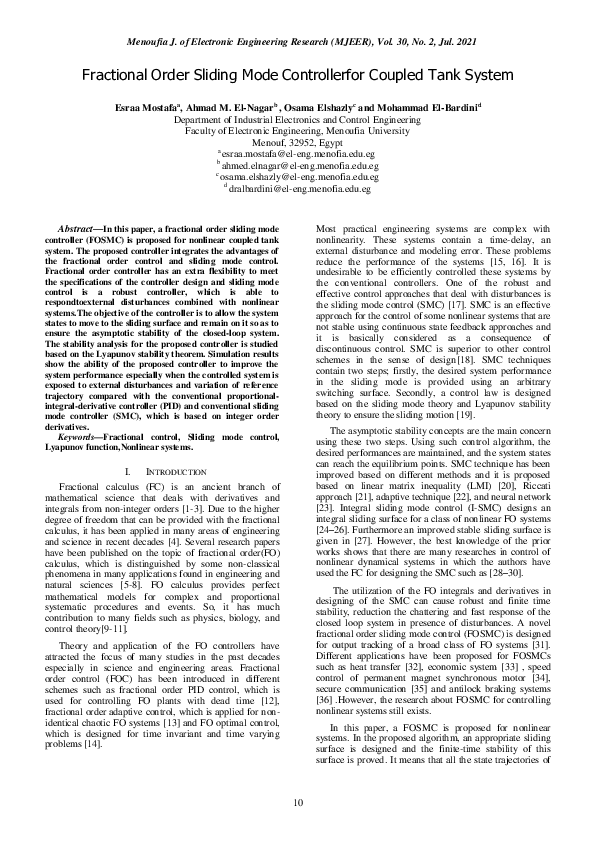 Pdf Fractional Order Sliding Mode Controller For Coupled Tank System