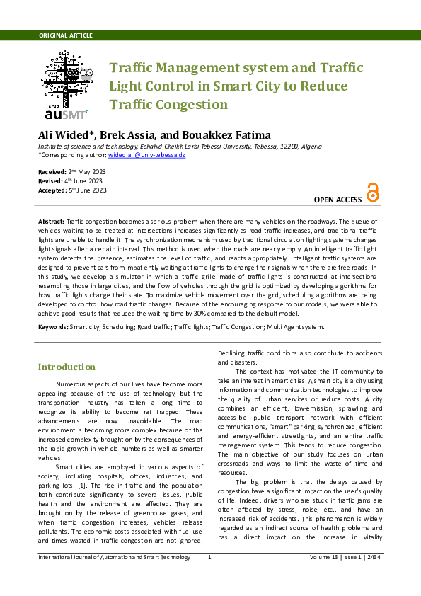 (PDF) Traffic Management system and Traffic Light Control in Smart City to Reduce Traffic Congestion