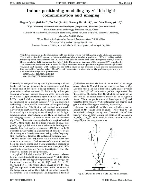Pdf Indoor Positioning Modeling By Visible Light Communication And Imaging