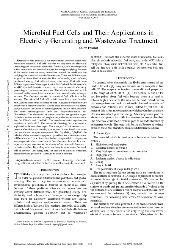 (PDF) Microbial Fuel Cells and Their Applications in Electricity ...