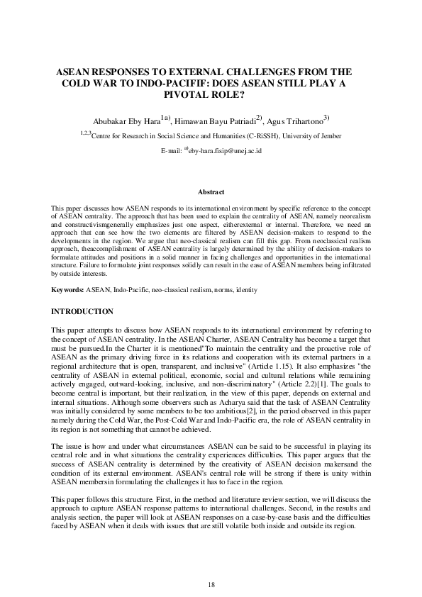 (PDF) Asean Responses to External Challenges from the Cold War to Indo ...