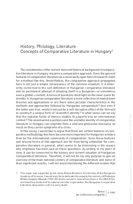 (PDF) History, Philology, Literature: Concepts of Comparative Literature in Hungary | László ...