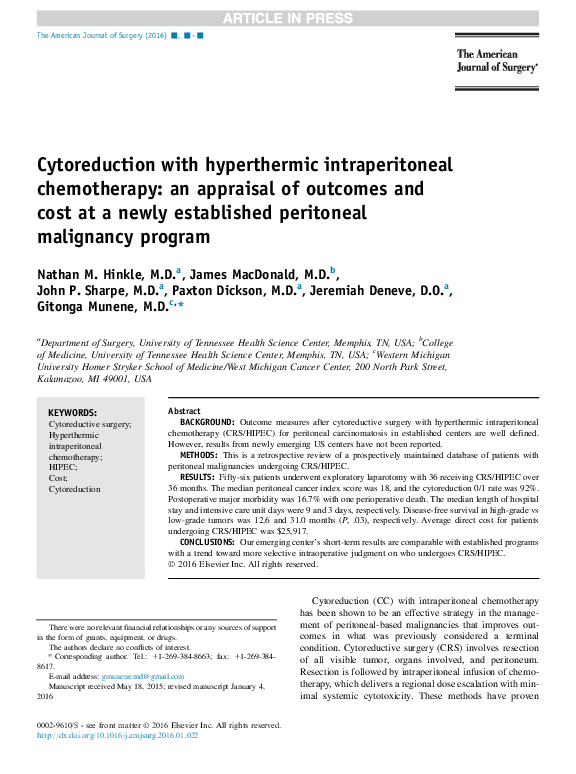 (PDF) Cytoreduction with hyperthermic intraperitoneal chemotherapy: An ...