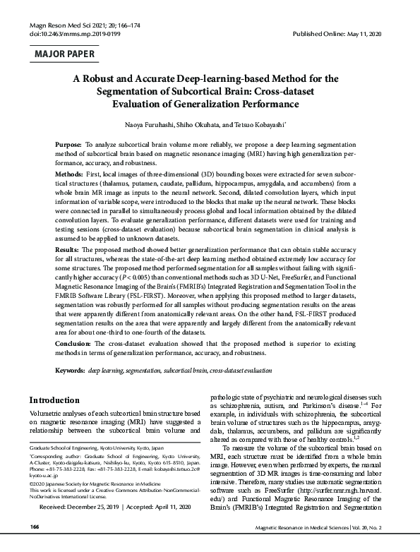 Pdf A Robust And Accurate Deep Learning Based Method For The Segmentation Of Subcortical Brain