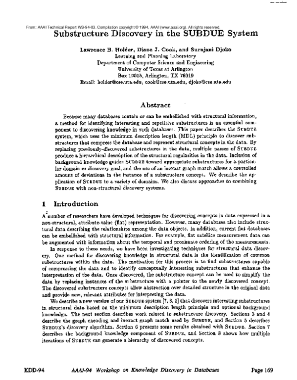 (PDF) Substructure discovery in the SUBDUE system