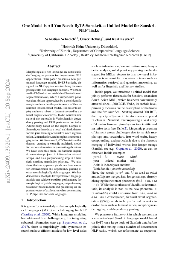 (PDF) One Model is All You Need: ByT5-Sanskrit, a Unified Model for ...