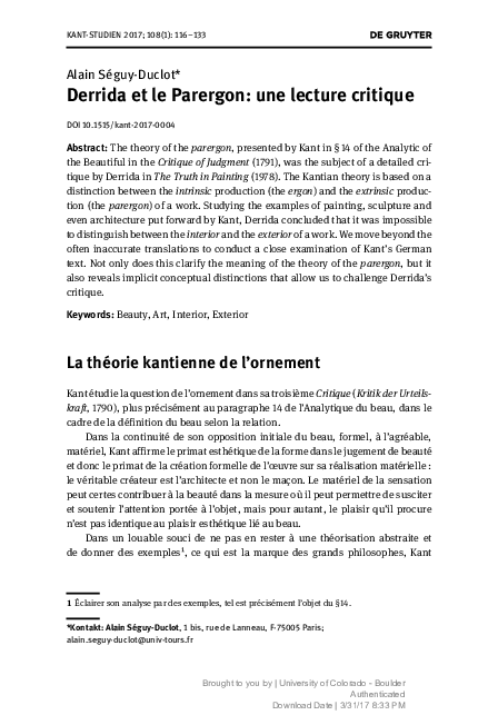 (PDF) Derrida et le Parergon: une lecture critique