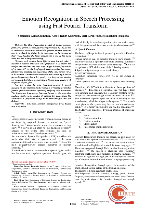 (PDF) Emotion Recognition in Speech Processing using Fast Fourier Transform