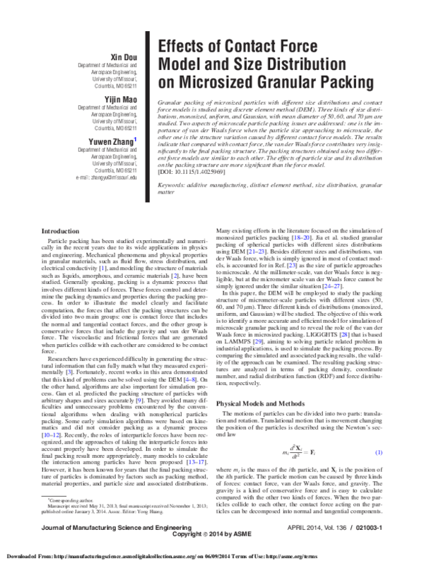 (PDF) Effects of Contact Force Model and Size Distribution on Microsized Granular Packing