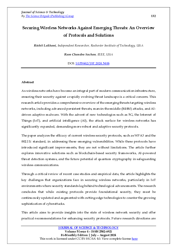 (PDF) Securing Wireless Networks Against Emerging Threats: An Overview of Protocols and Solutions