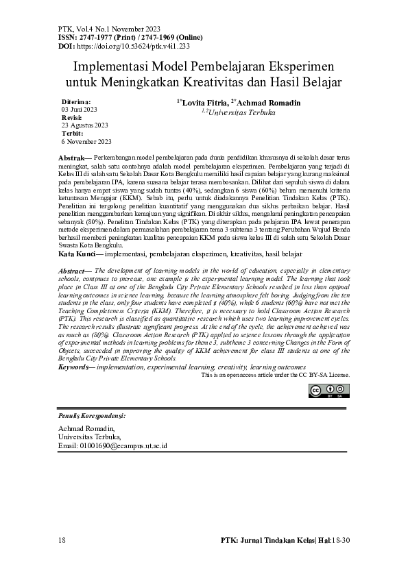 (PDF) Implementasi Model Pembelajaran Eksperimen untuk Meningkatkan Kreativitas dan Hasil Belajar