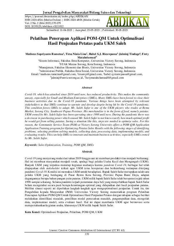(PDF) Pelatihan Penerapan Aplikasi POM-QM Untuk Optimalisasi Hasil Penjualan Petatas pada UKM Saleh
