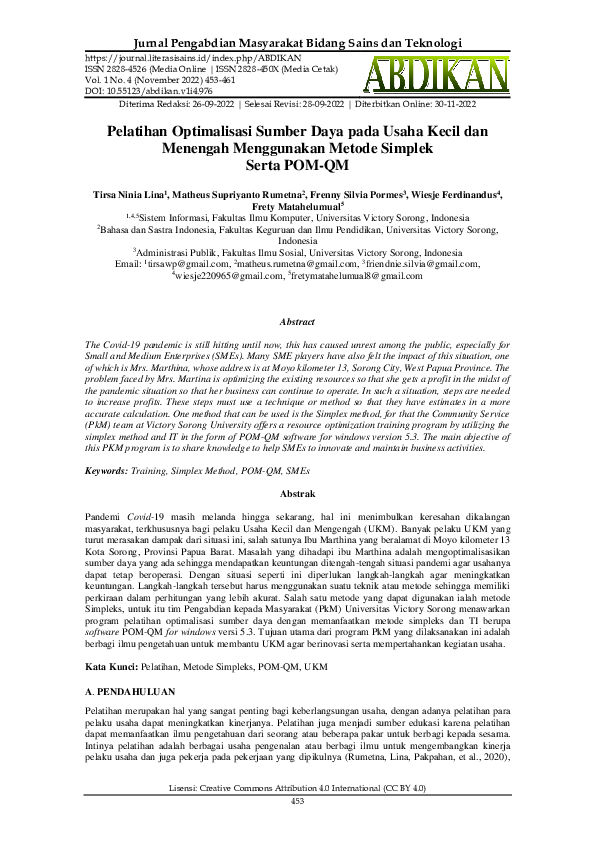 (PDF) Pelatihan Optimalisasi Sumber Daya pada Usaha Kecil dan Menengah Menggunakan Metode ...