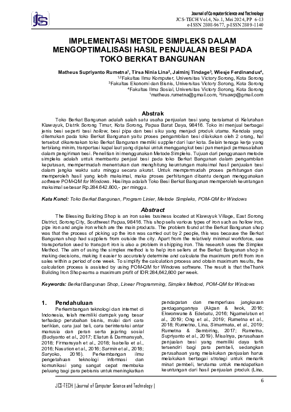 (PDF) Implementasi Metode Simpleks Dalam Mengoptimalisasi Hasil Penjualan Besi Pada Toko Berkat ...