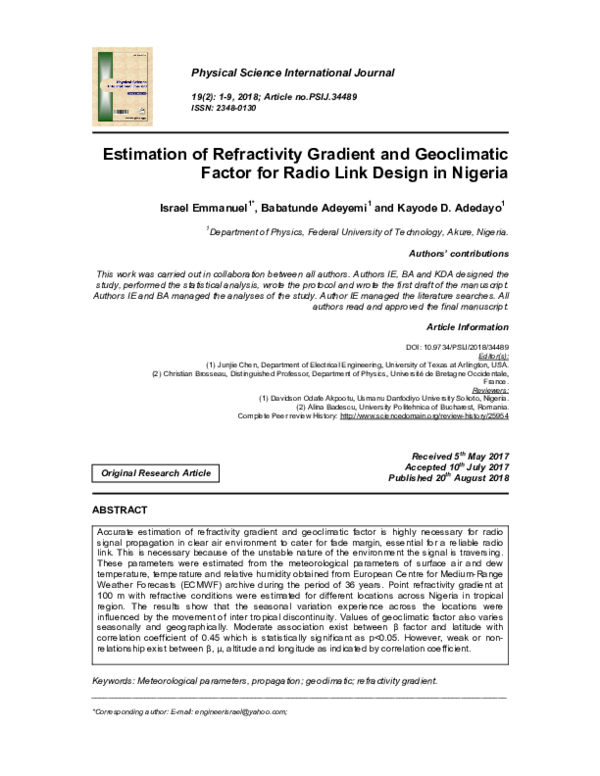 (PDF) Estimation of Refractivity Gradient and Geoclimatic Factor for Radio Link Design in Nigeria