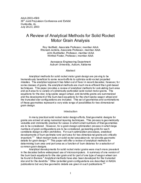 Pdf A Review Of Analytical Methods For Solid Rocket Motor Grain Analysis