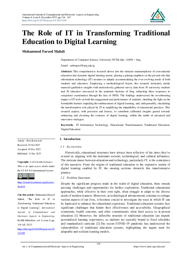 (PDF) The Role of IT in Transforming Traditional Education to Digital ...