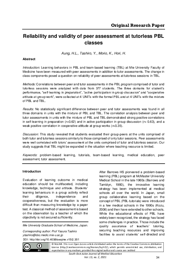 Pdf Reliability And Validity Of Peer Assessment At Tutorless Pbl Classes