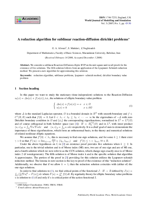 (PDF) A reduction algorithm for sublinear reaction-diffusion dirichlet problems | Zohreh ...