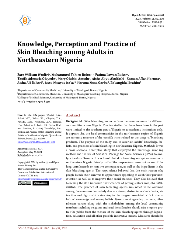 (PDF) Knowledge, Perception and Practice of Skin Bleaching among Adults in Northeastern Nigeria