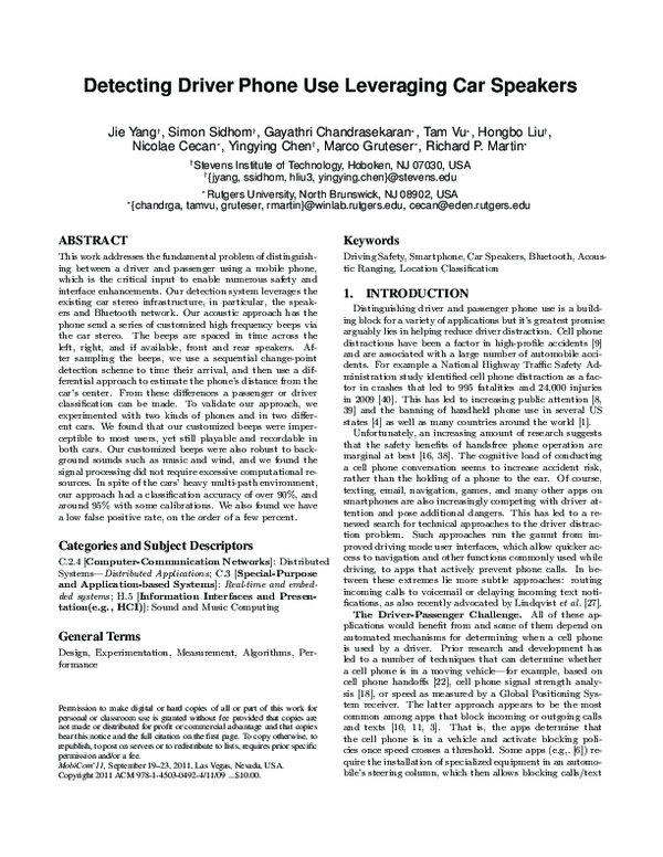 (PDF) Detecting driver phone use leveraging car speakers