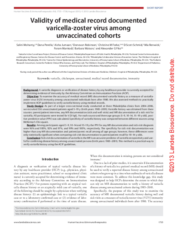 (PDF) Validity of medical record documented varicella-zoster virus ...