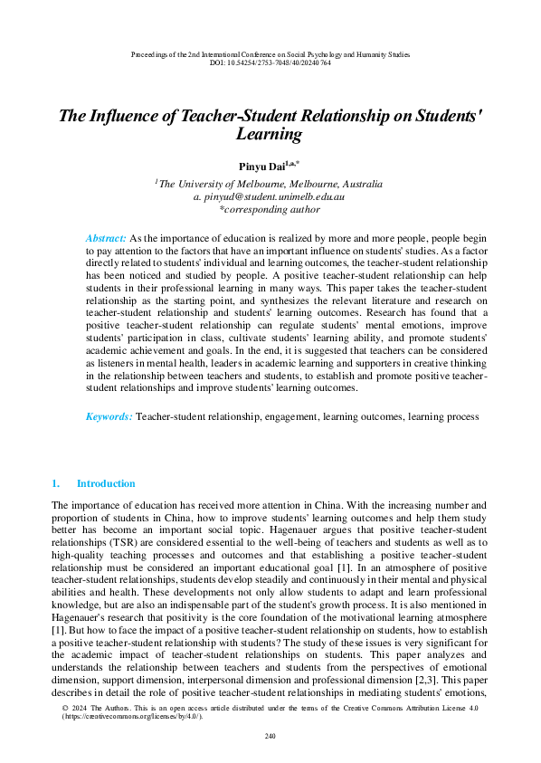 (PDF) The Influence of Teacher-Student Relationship on Students' Learning