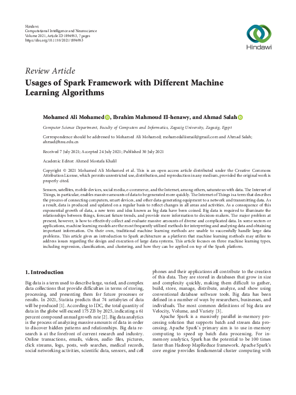 (PDF) Usages of Spark Framework with Different Machine Learning Algorithms