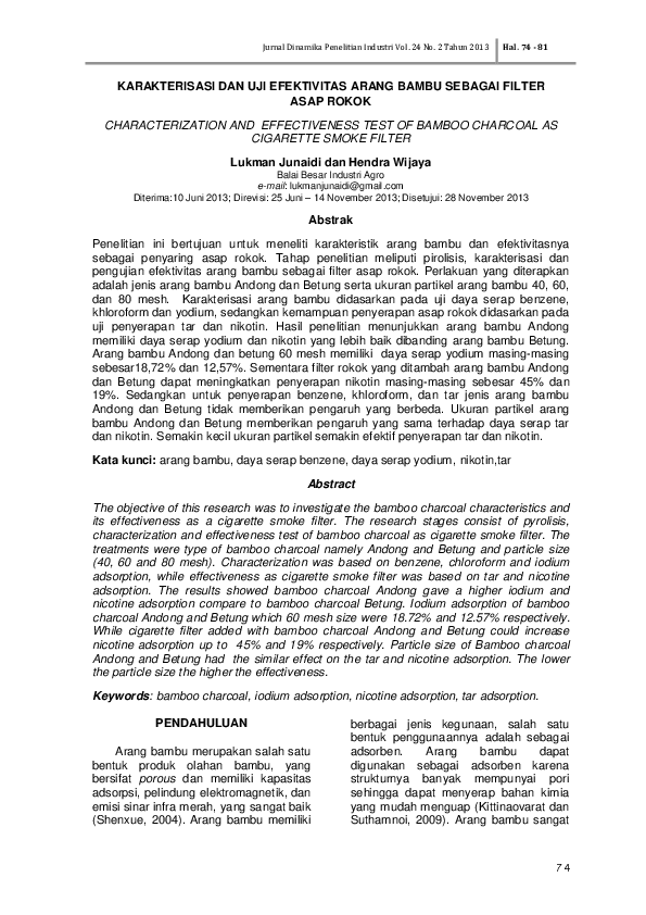 (PDF) Karakterisasi dan uji efektivitas arang bambu sebagai filter asap ...