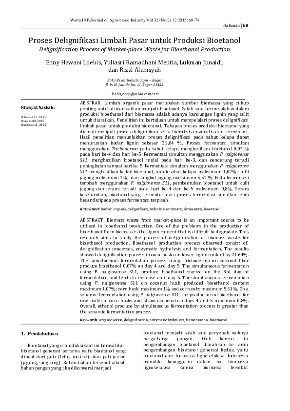 (PDF) Proses Delignifikasi Limbah Pasar untuk Produksi Bioetanol ...