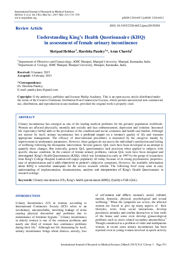 (PDF) Understanding King's Health Questionnaire (KHQ) in assessment of ...