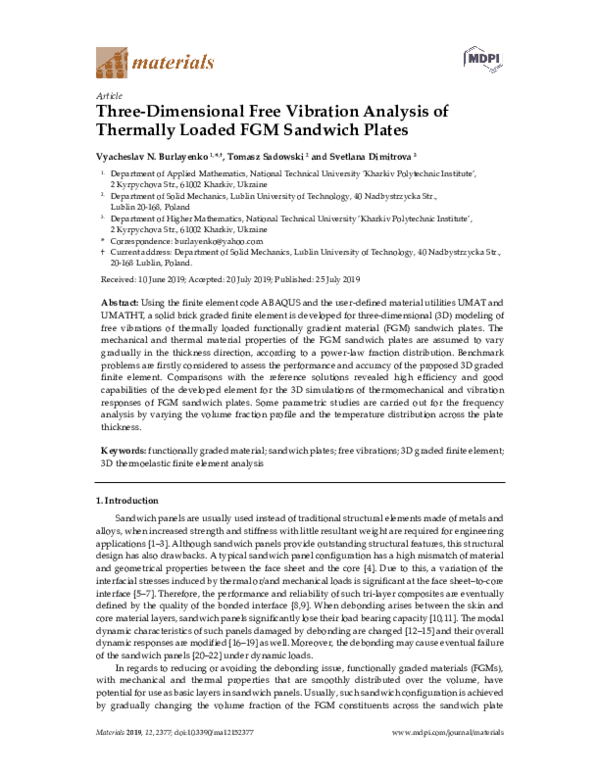 Pdf Three Dimensional Free Vibration Analysis Of Thick Functionally Graded Plates On Elastic