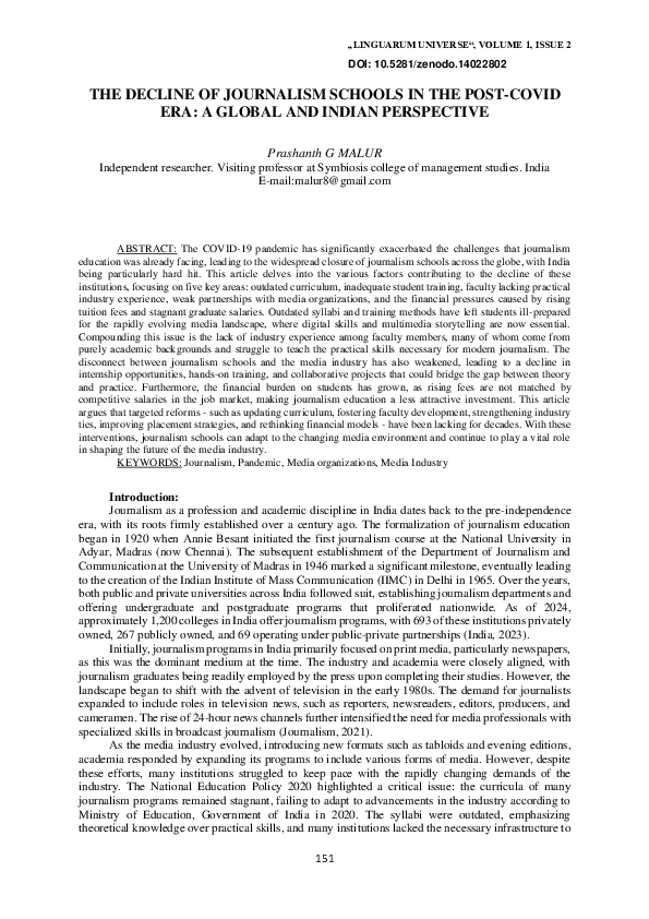 (PDF) THE DECLINE OF JOURNALISM SCHOOLS IN THE POST-COVID ERA: A GLOBAL ...