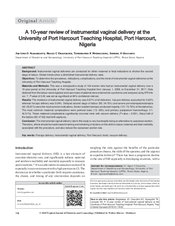 (PDF) A 10-year review of instrumental vaginal delivery at the ...