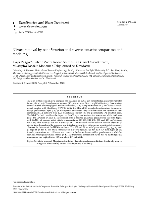 (PDF) Nitrate removal by nanofiltration and reverse osmosis: comparison ...