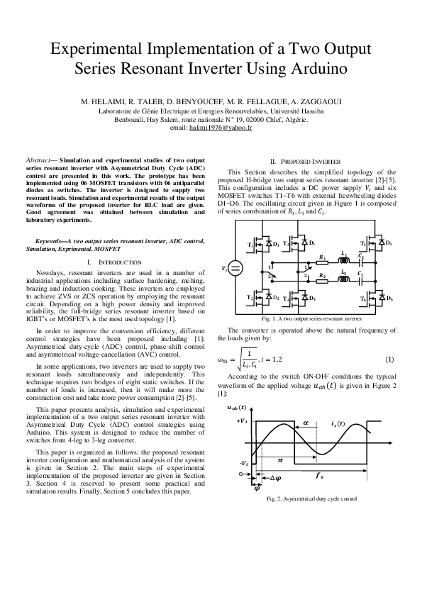 Pdf Experimental Implementation Of A Two Output Series Resonant Inverter Using Arduino