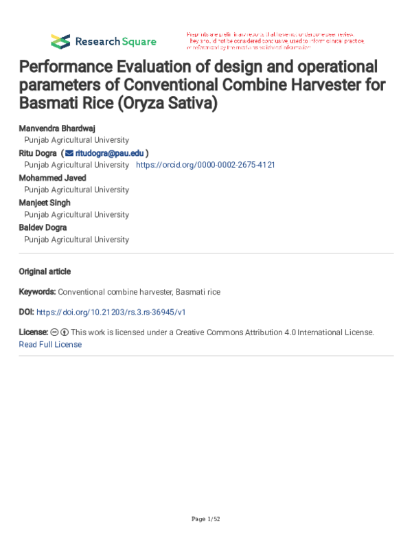 (PDF) Performance Evaluation of design and operational parameters of Conventional Combine ...