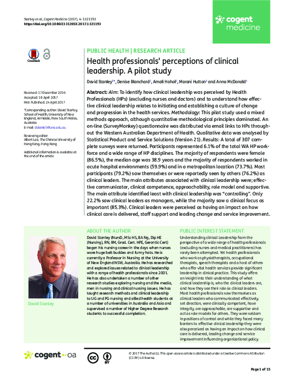(PDF) Health professionals’ perceptions of clinical leadership. A pilot study