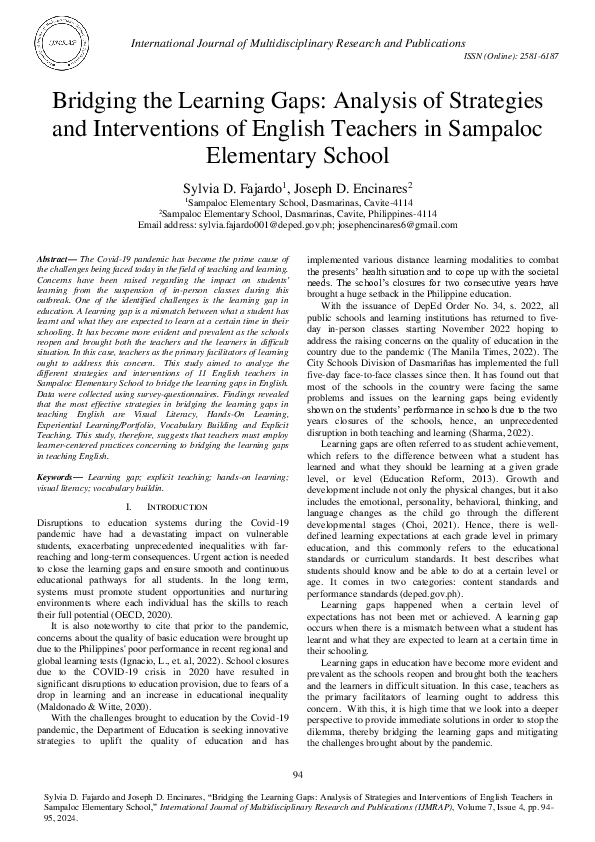 (PDF) Bridging the Learning Gaps: Analysis of Strategies and Interventions of English Teachers ...