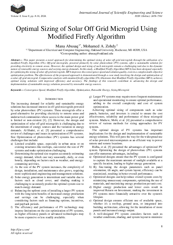 Pdf Optimal Sizing Of Solar Off Grid Microgrid Using Modified Firefly Algorithm