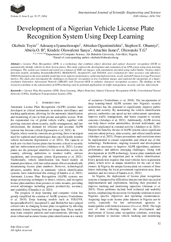 (PDF) Development of a Nigerian Vehicle License Plate Recognition System Using Deep Learning