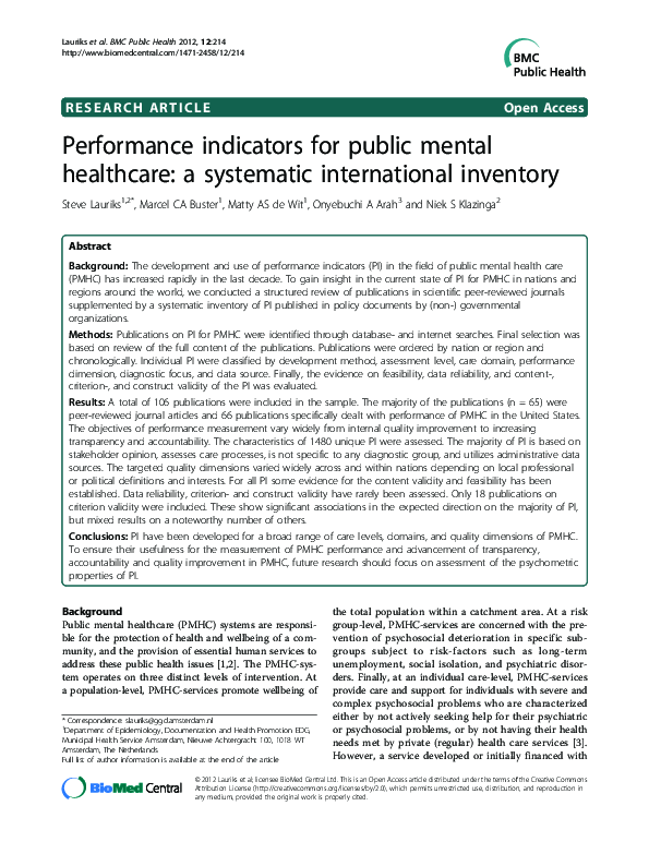 (PDF) Performance indicators for public mental healthcare: a systematic ...